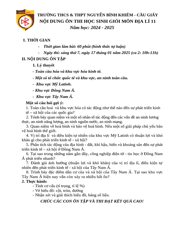 Đề cương ôn thi HSG Địa 11 | PDF