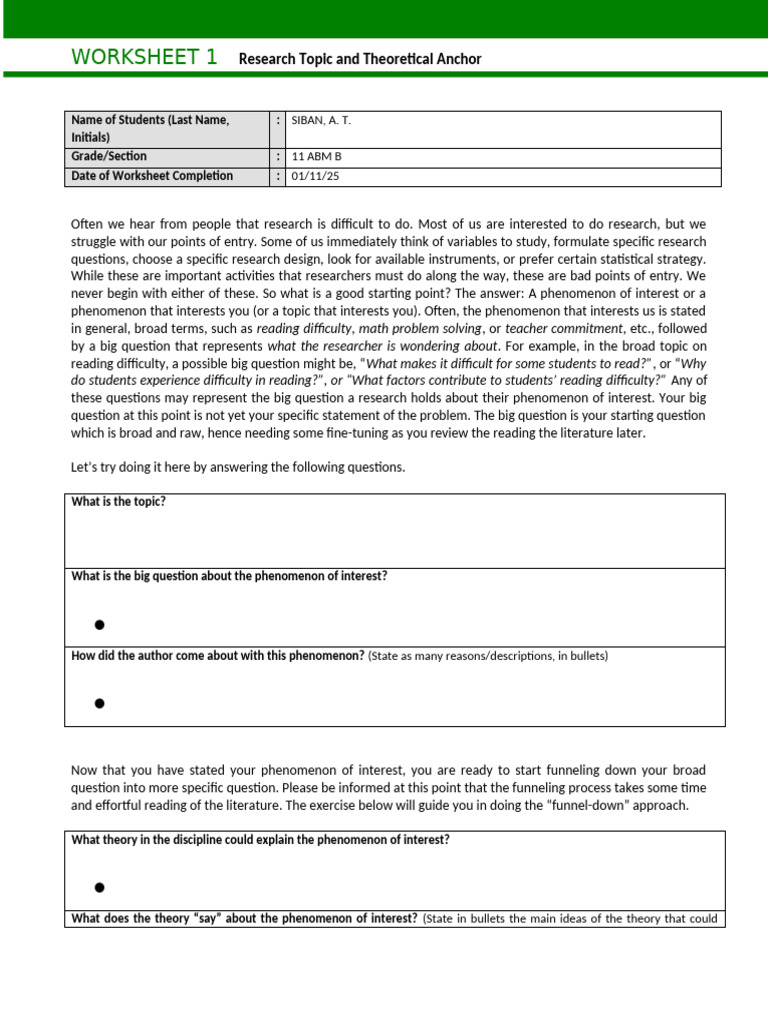 Worksheet 1-Research Topic Ad Theoretical Anchor | PDF | Theory | Question