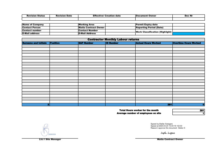 Contractor Monthly Labour Returns Report | PDF | Labor | Labor Relations
