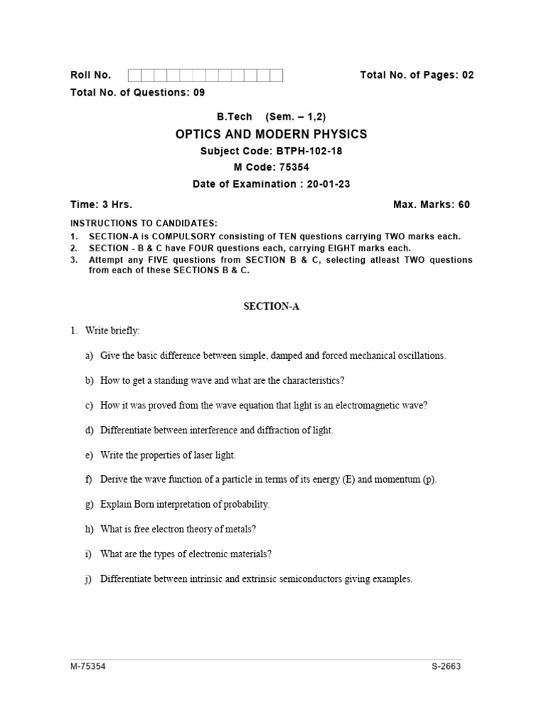 PTU Pyqs Btech-1-Sem-2-Sem-Optics-And-Modern-Physics-75354-Jan-2023 | PDF | Waves | Diffraction