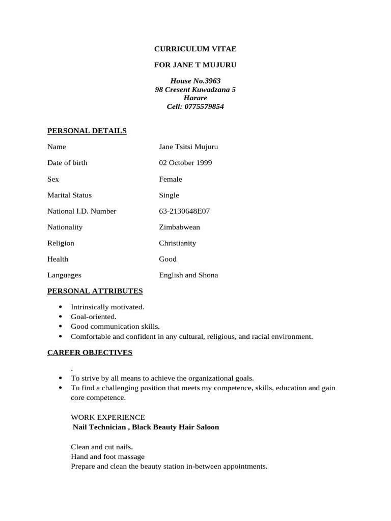 Jane Mujuru CV: Nail Technician & Retail Skills | PDF
