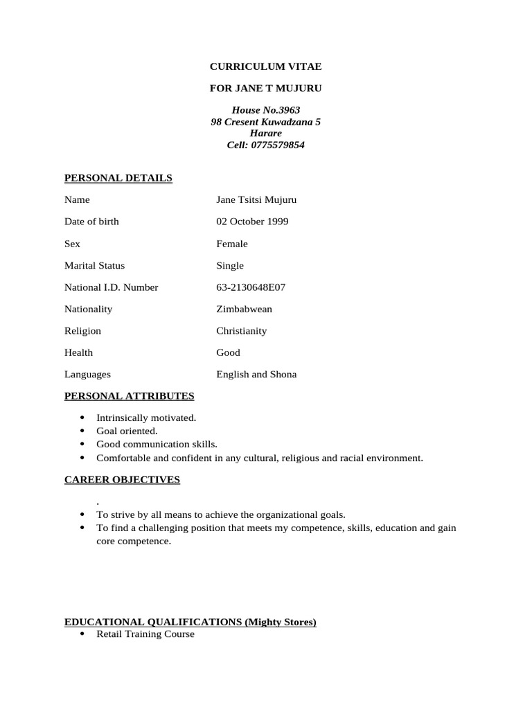 Jane Mujuru CV - Zimbabwean Retail Professional | PDF