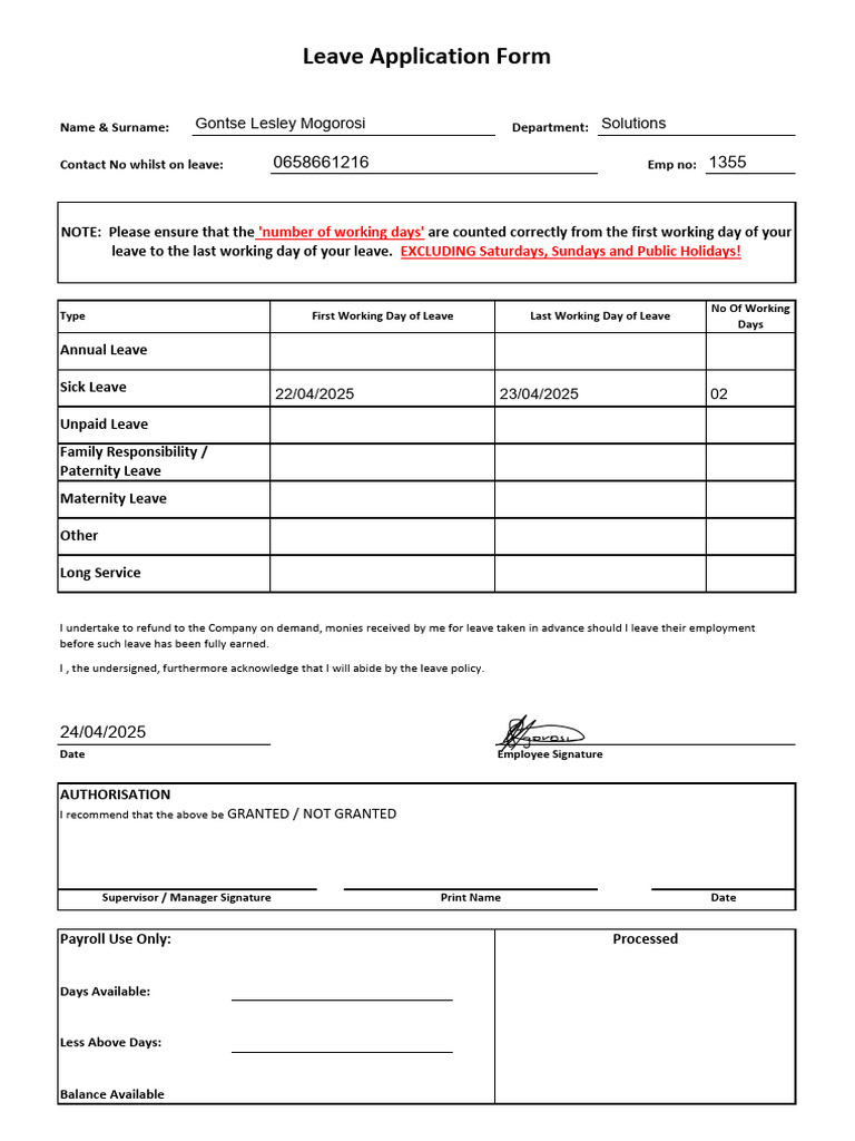 GL Mogorosi Sick Leave Application Form | PDF