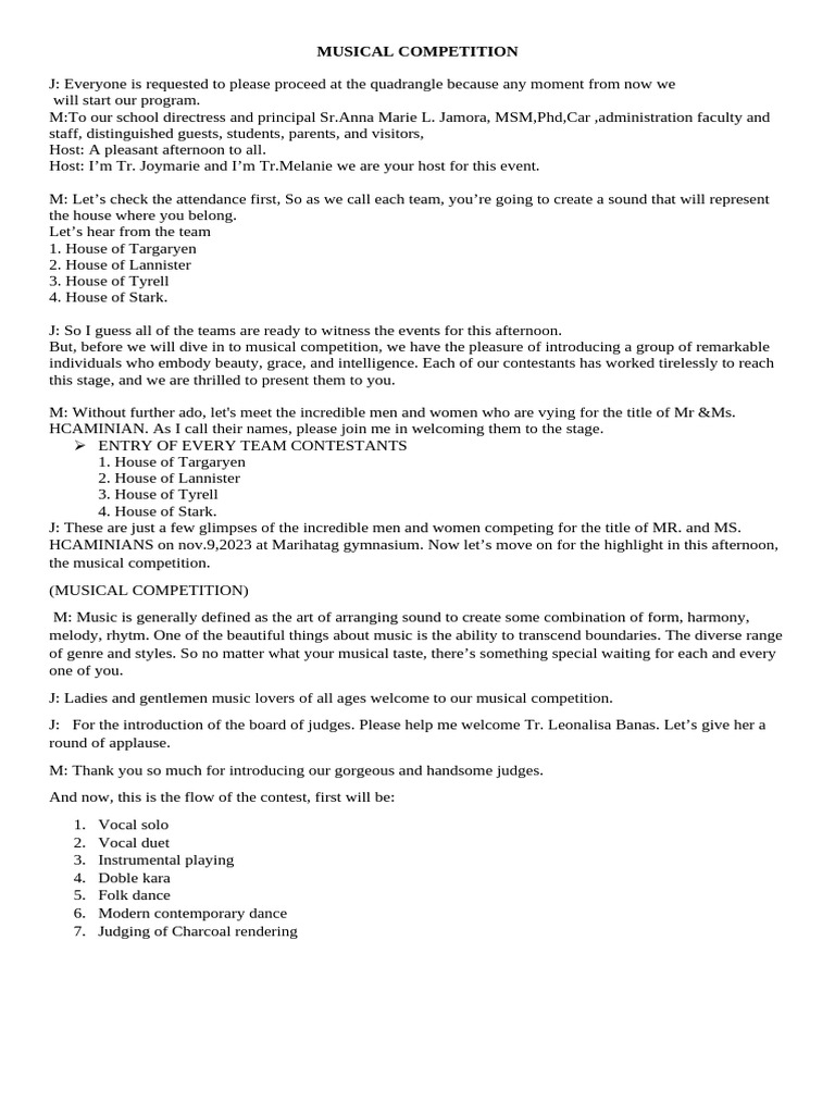 MUSICAL COMPETITION Script | PDF | Performing Arts
