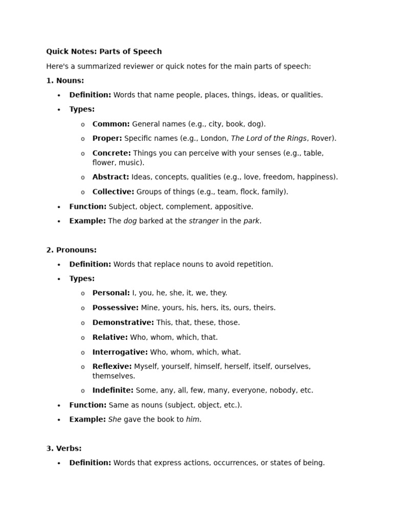 PARTS OF SPEECH. QUICK NOTES | PDF | Adverb | Noun