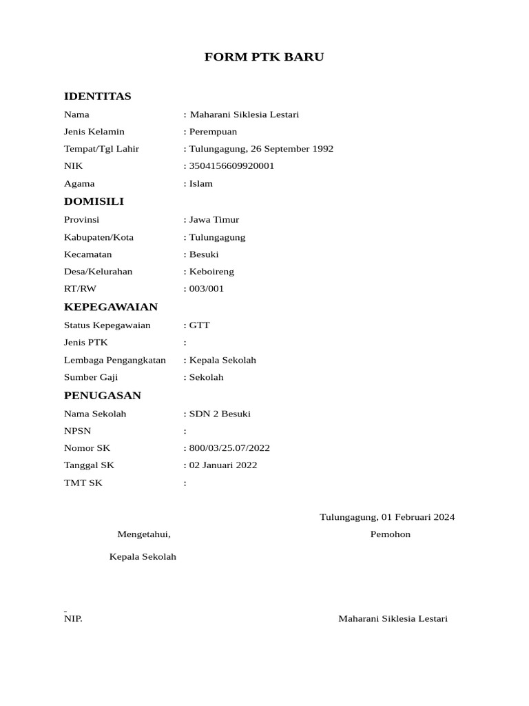 Form PTK Kosong | PDF