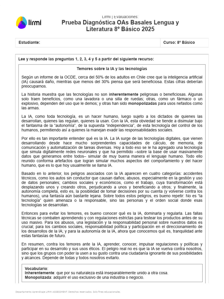 Prueba Diagnostica Oas Basales Lengua y Literatura 8o Basico 2025 ...