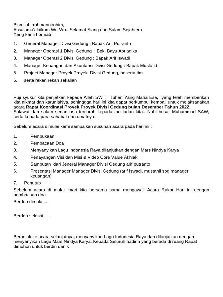 SUSUNAN ACARA RAKOR DIVISI GEDUNG Rev | PDF