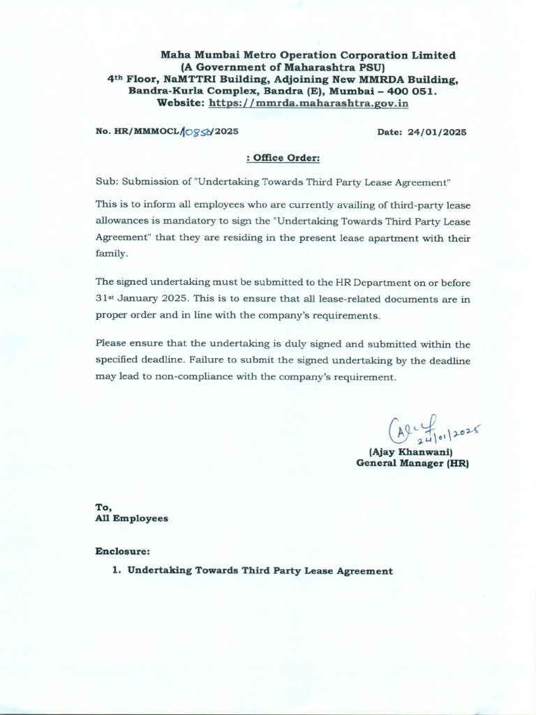 Office Order To Submit Undertaking Towards Third Party Lease Agreement ...
