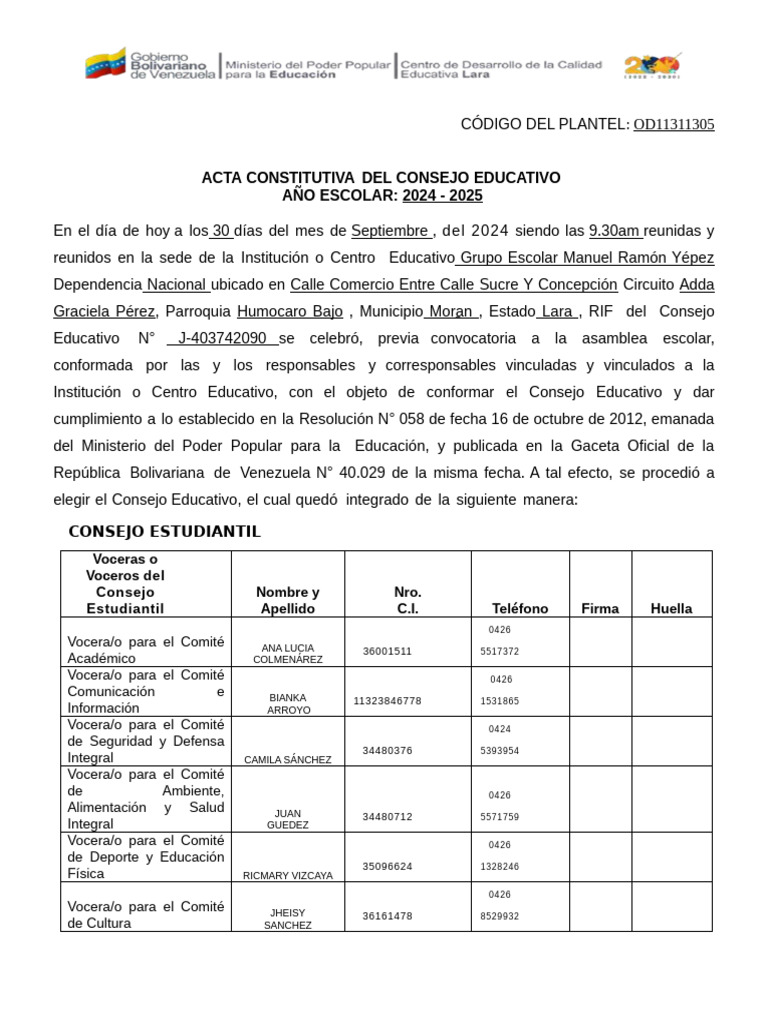 ACTA CONSTITUTIVA DEL CONSEJO EDUCATIVO 2024-2025 | PDF