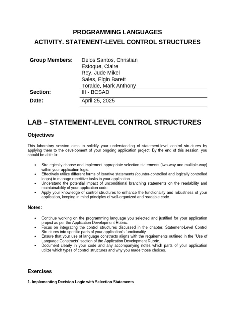 Statement Level Control Structures LAB | PDF | Control Flow | Computer Programming