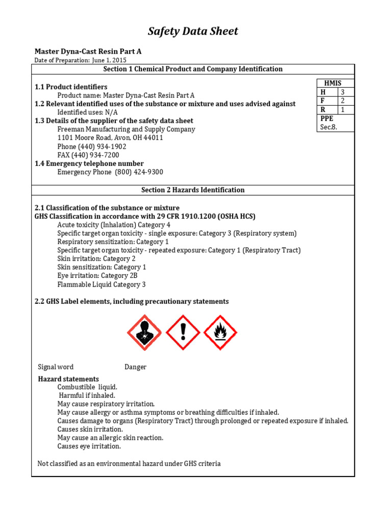 SDS Master Dyna Cast Resin Part A | PDF | Toxicity | Resource ...
