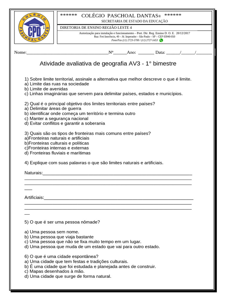 Prova de Geografia 5 Ano Av3 1° Bimestre | PDF | Estado
