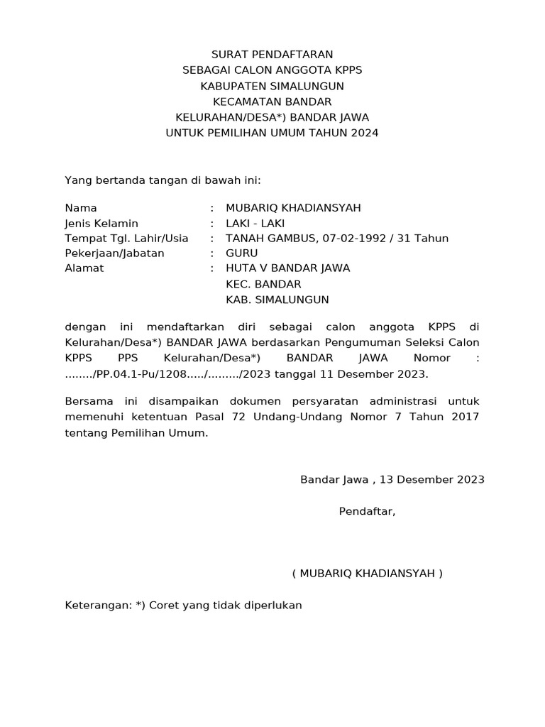 SURAT PENDAFTARAN_KPPS | PDF