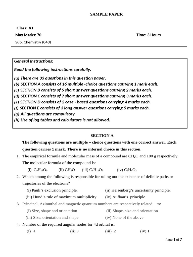 Class XI Sample Paper | PDF | Chemical Physics | Chemistry