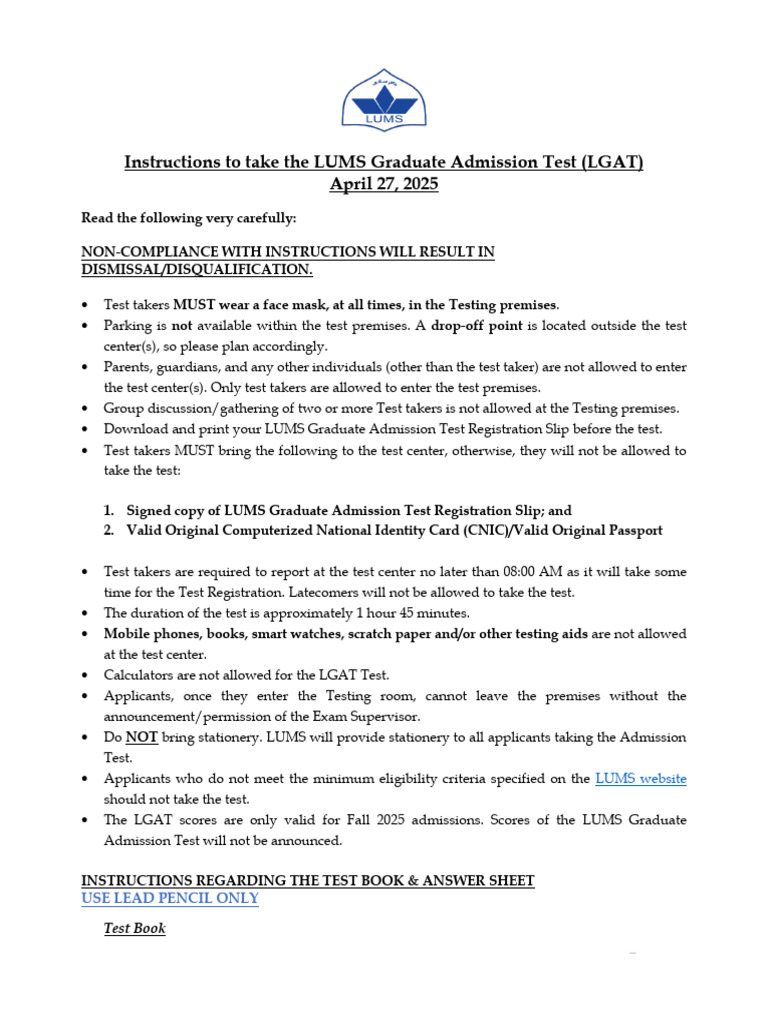 Instructions to take LUMS Graduate Admission Test - Fall 2025 | PDF