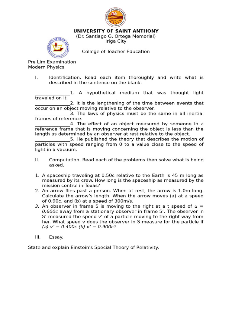 Modern Physics Exam: Special Relativity | PDF