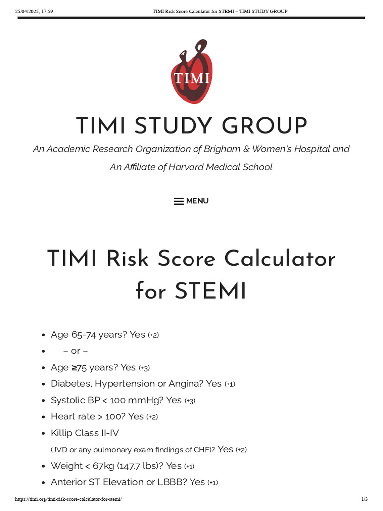 TIMI Risk Score for STEMI Evaluation | PDF | Myocardial Infarction ...
