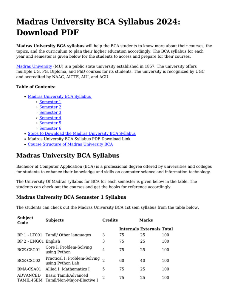 Madras University BCA Syllabus 2024 | PDF | Computer Programming | Computing