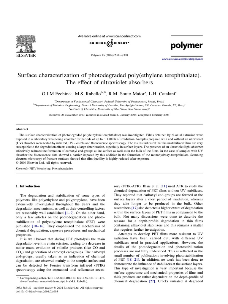 Surface Analysis of UV-Stabilized PET Films | PDF | Ultraviolet ...