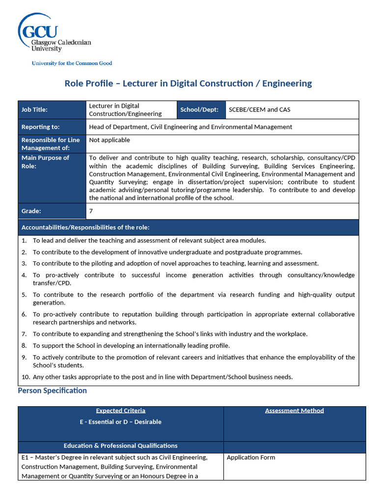 Lecturer in Digital Construction Role Profile | PDF | University ...