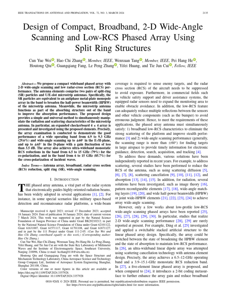 Design of Compact Broadband 2-D Wide-Angle Scanning and Low-RCS Phased Array Using Split Ring ...