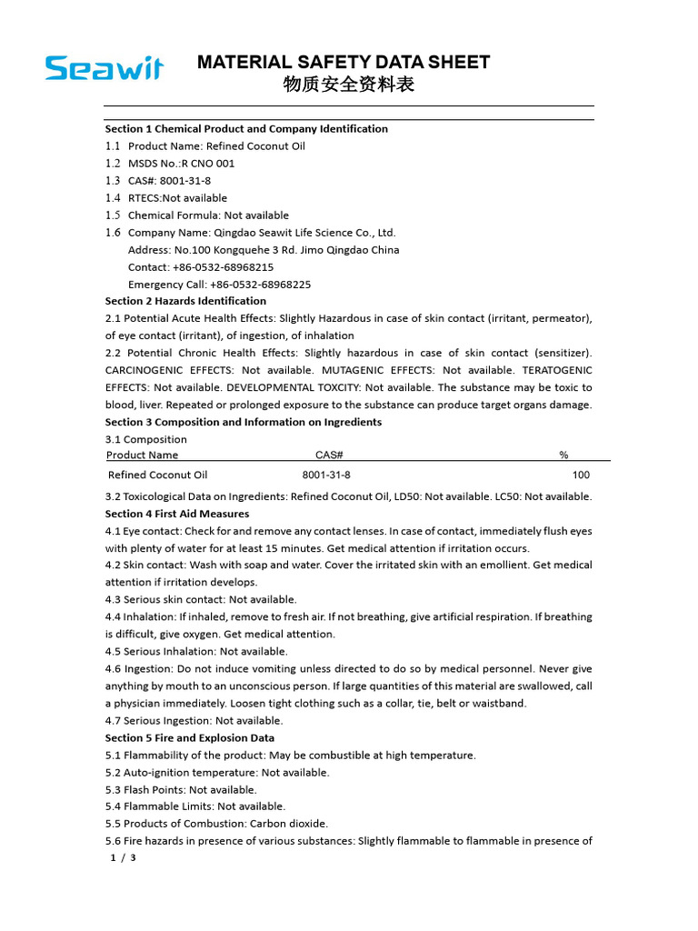 MSDS of Refined Coconut Oil | PDF | Toxicity | Chemistry