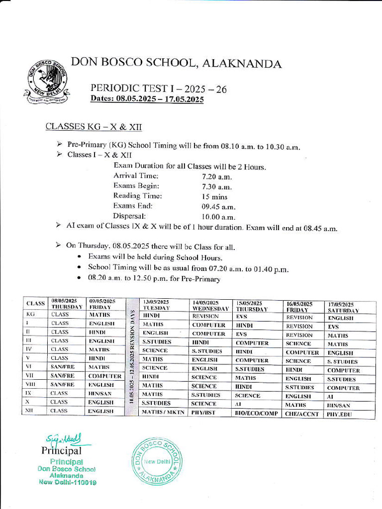 Don Bosco School Exam Schedule 2025 | PDF
