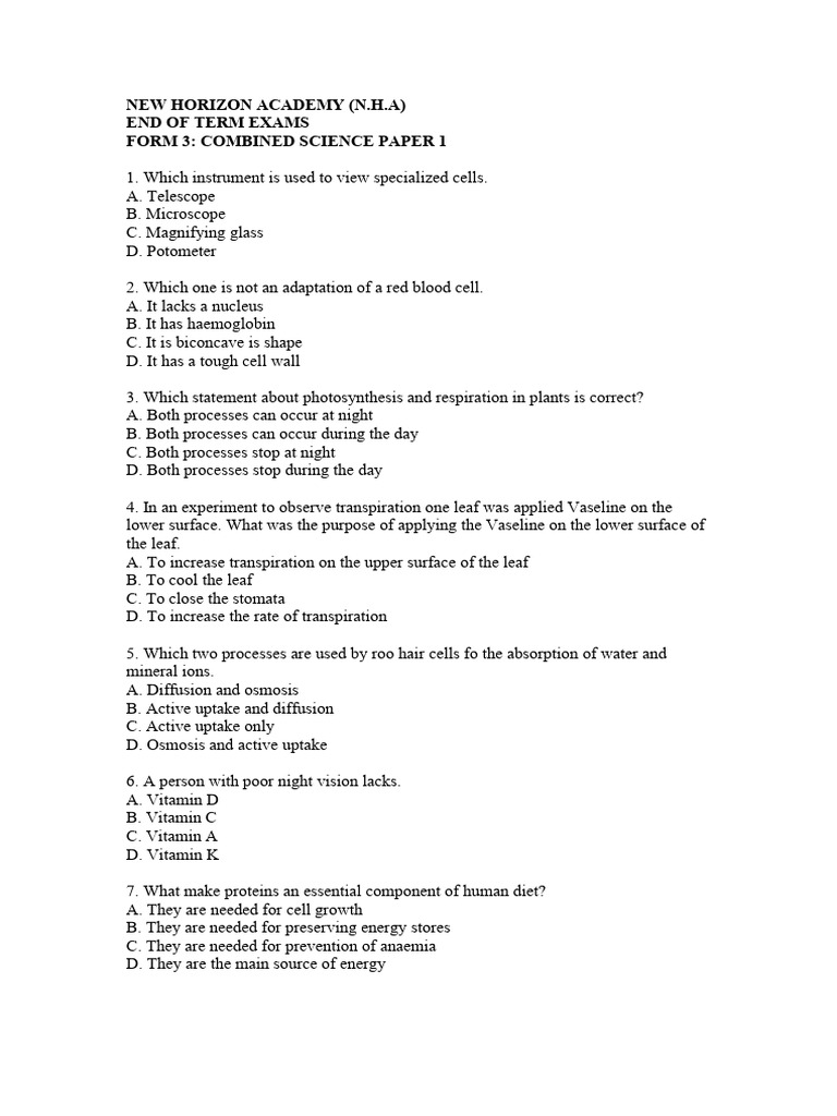 Form 3 Combined Science Exam Paper | PDF | Artery | Blood
