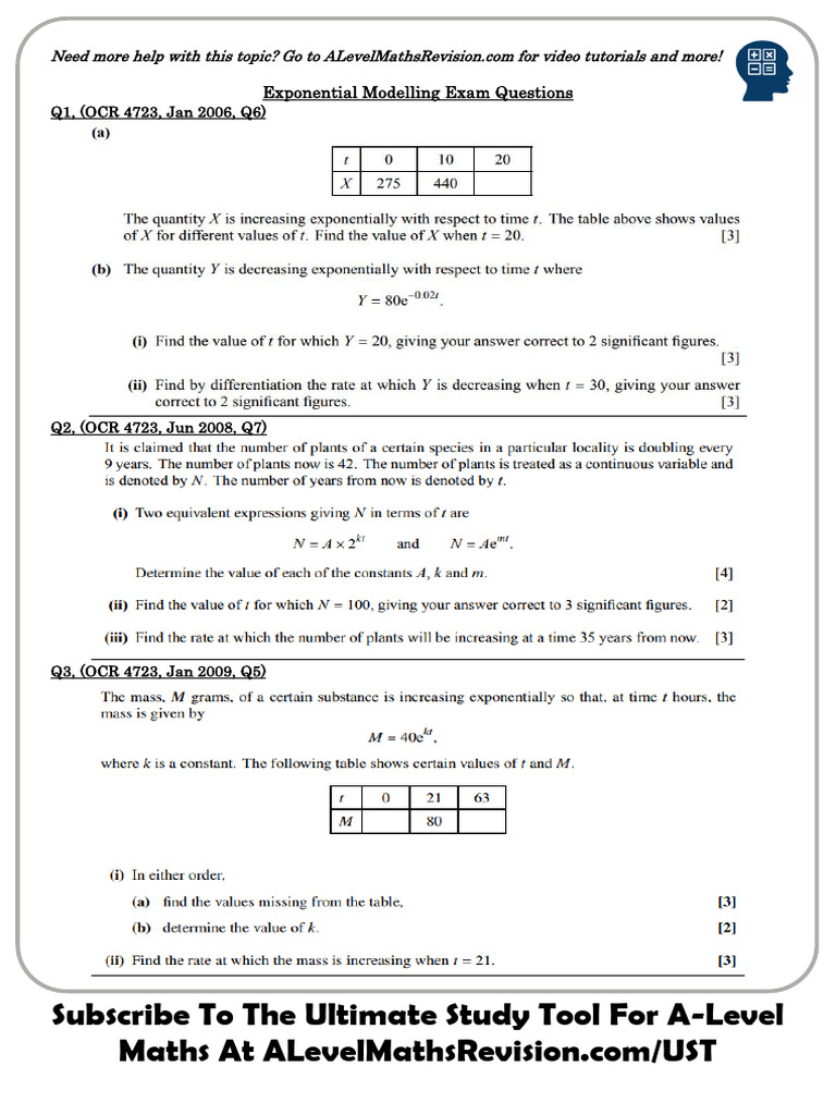 Y1 Pure Exponential Modelling Exam Questions | PDF