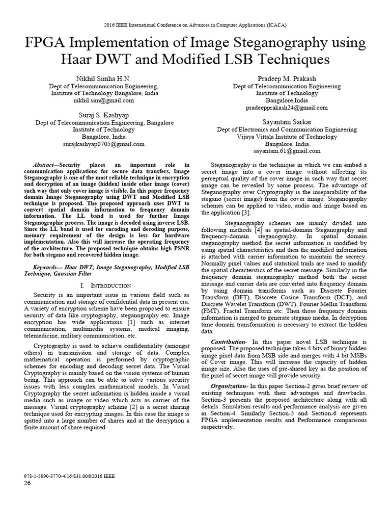 FPGA Implementation of Image Steganography Using Haar DWT and Modified LSB Techniques | PDF ...
