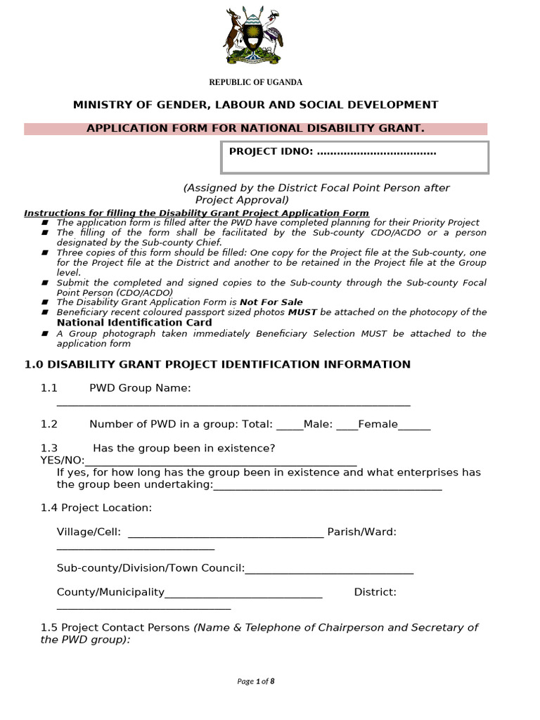 Uganda National Disability Grant Application | PDF