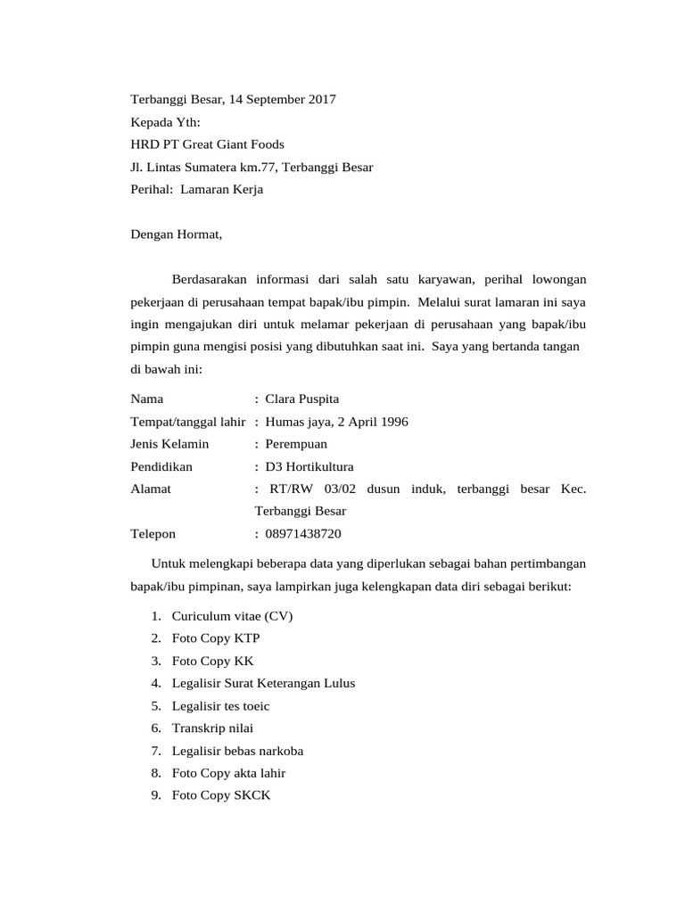 Biodata Lamaran Kerja Clara Puspita | PDF