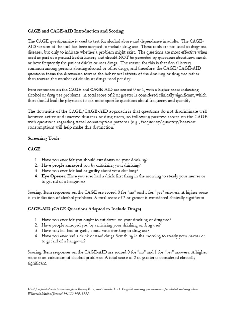 CAGE and CAGE-AID Alcohol Screening | PDF | Alcoholism | Substance Abuse