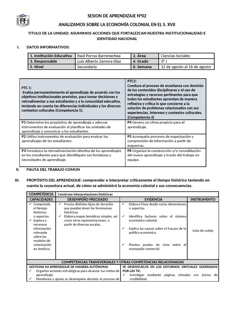 Sesion de Aprendizaje N°2 - CCSS - Iii Bim - La Economia Colonial Siglo Xvii - 3° Año | PDF ...