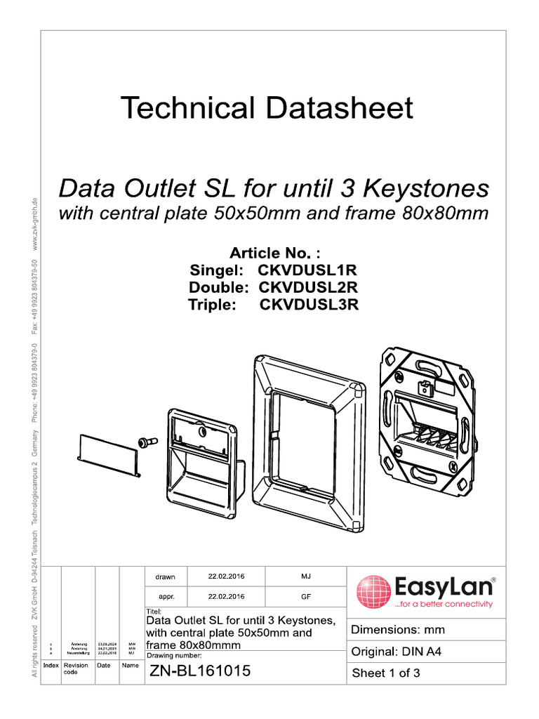 ZN-BL161015 C EasyLan Datasheet Data Outlet SL Single Double Triple Incl. Central Plate and ...