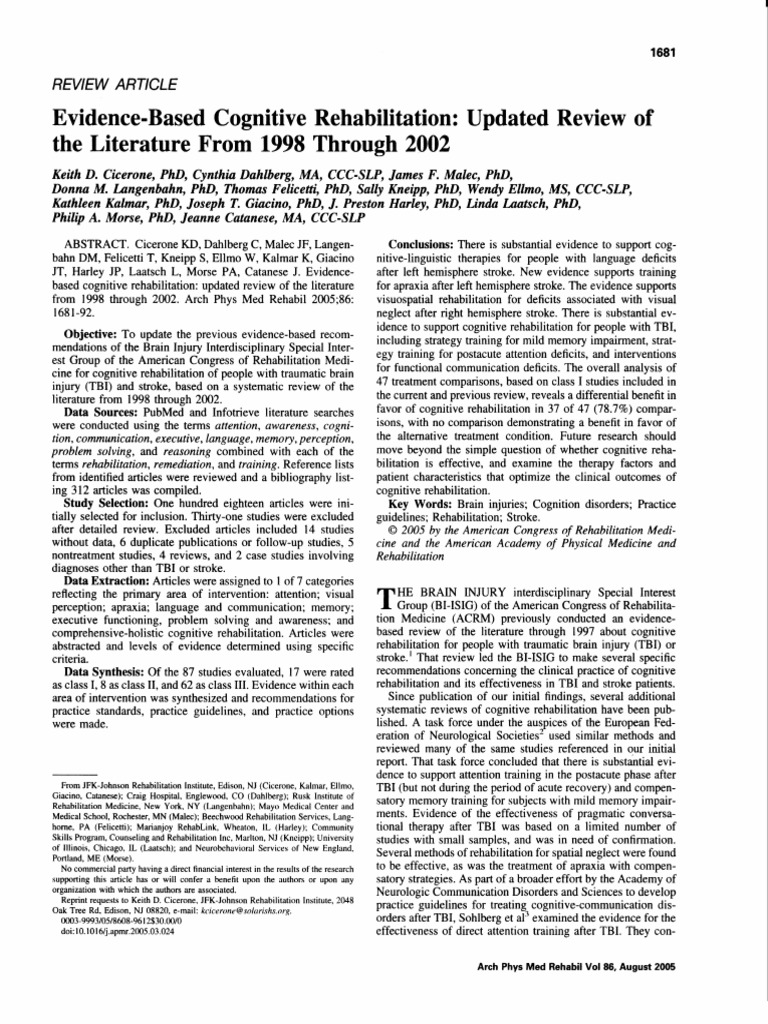 Cicerone - Evidence Based Cognitive Rehabilitation - Updated Review of The Literature From 1998 ...