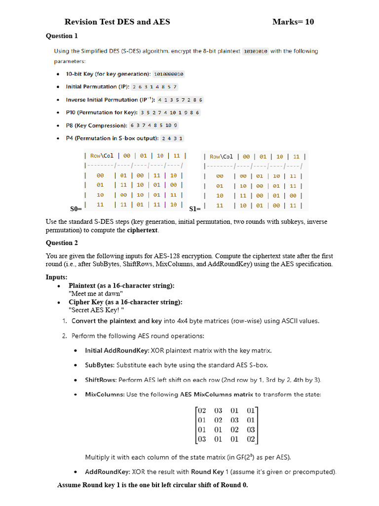 Revision Test DES and AES | PDF