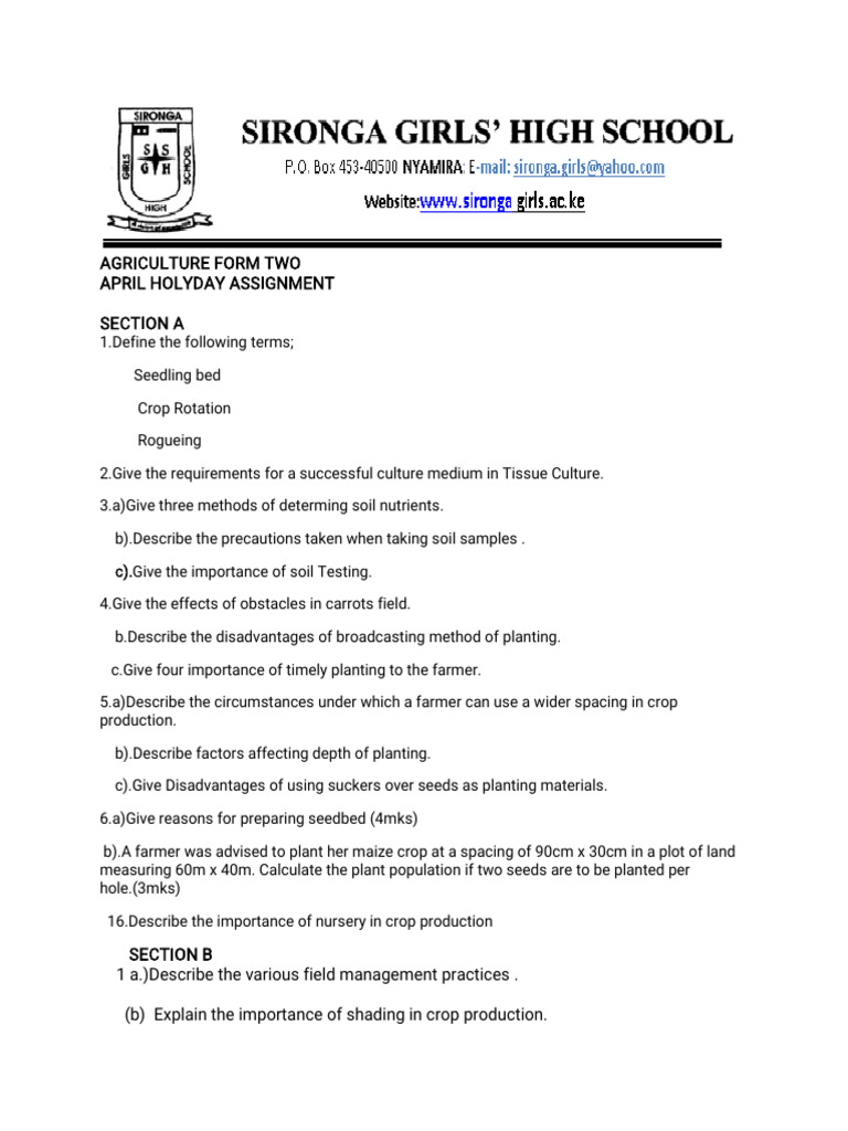 Agriculture Form Two Assignment Guide | PDF