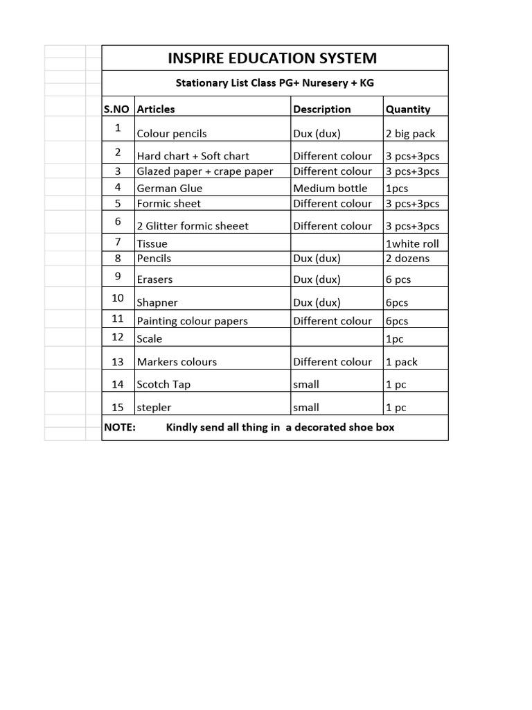 Stationary List | PDF