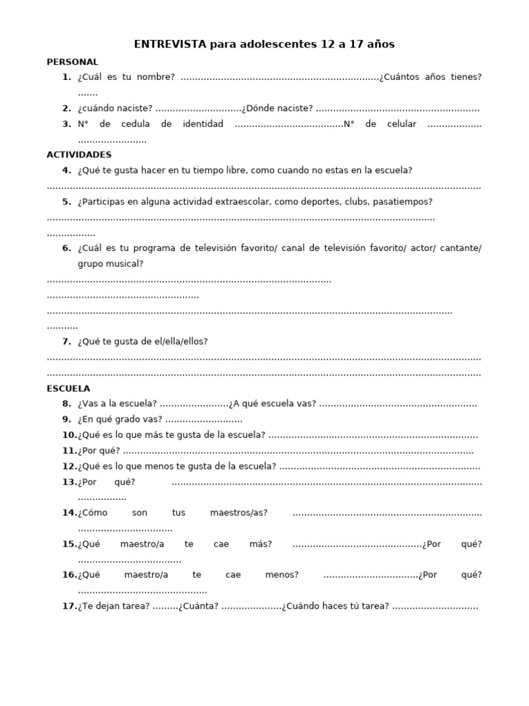 planilla - ENTREVISTA para adolescentes 12 a 17 años | PDF