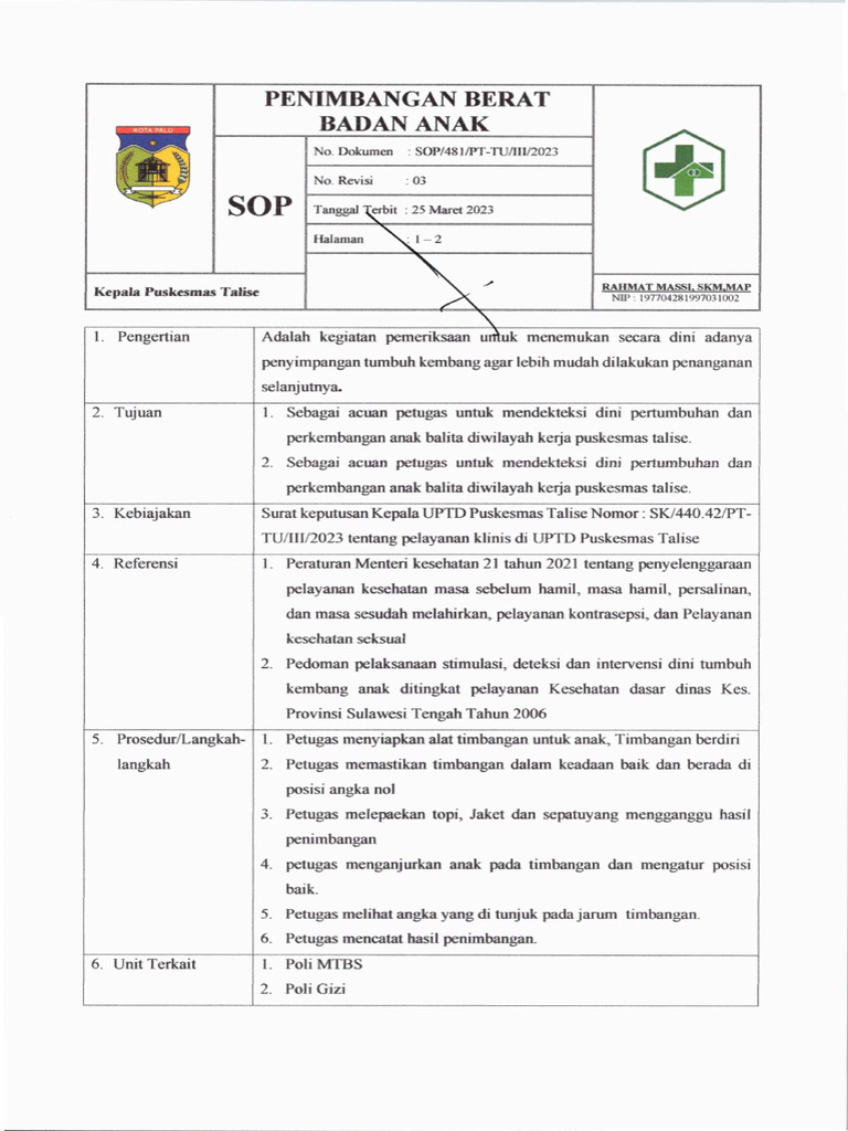 RHK Vii Sop Penimbangan Berat Badan Anak | PDF
