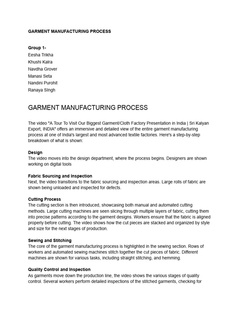 Group 1 - Garment Manufacturing Key Learning From Videos | PDF | Seam (Sewing) | Sewing