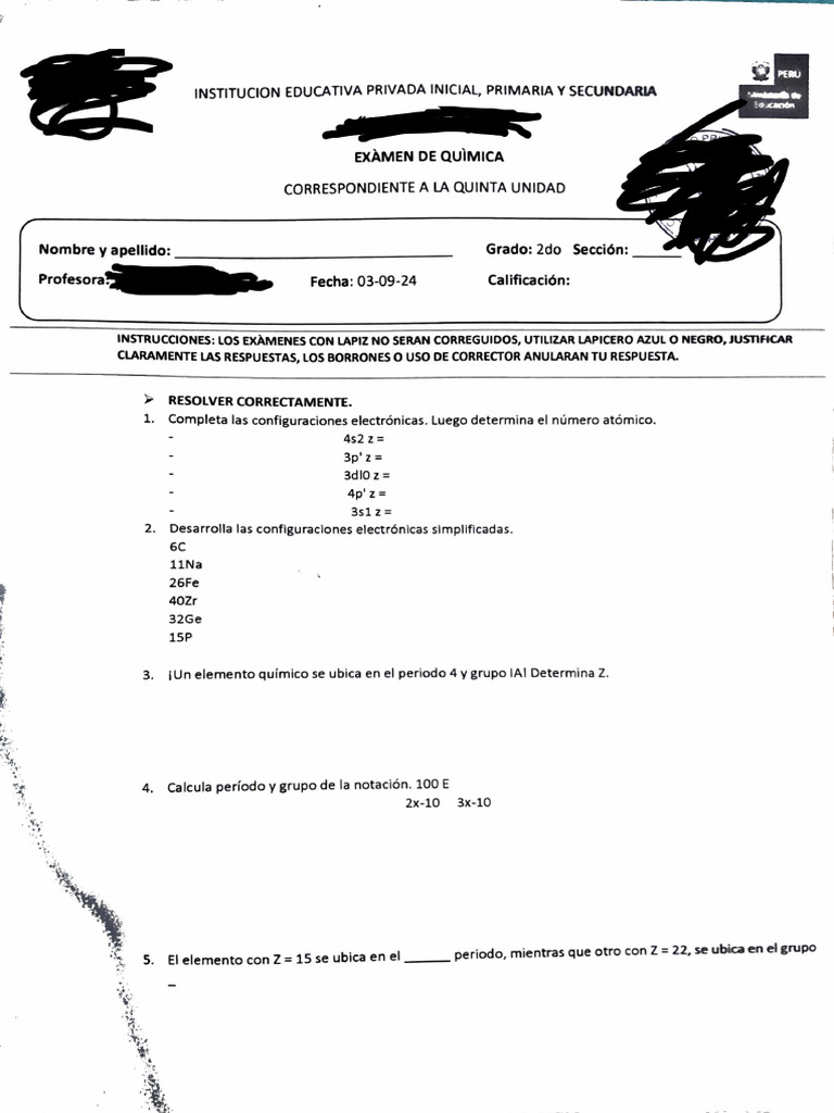 Examen de Química 2do Sec | PDF