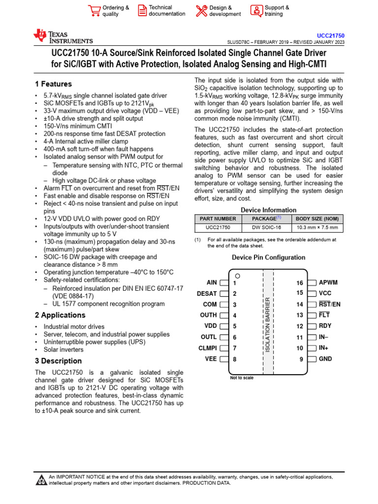 UCC21750 Isolated Gate Driver Datasheet | PDF | Field Effect Transistor ...