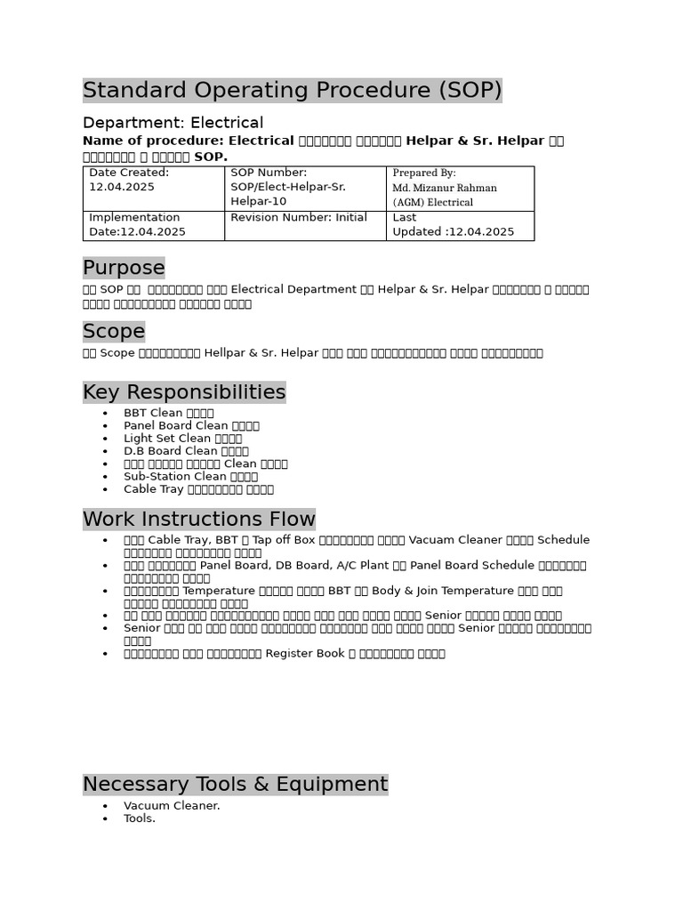 SOP All - Electrical 2025 | PDF