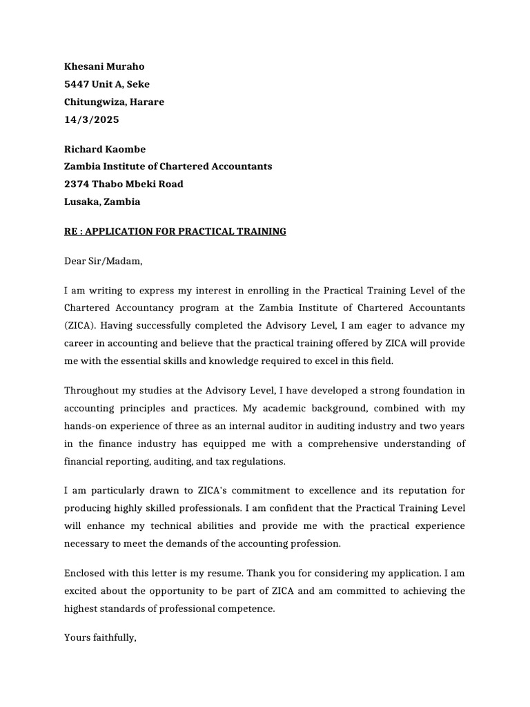 Application Letter - Practical Training | PDF