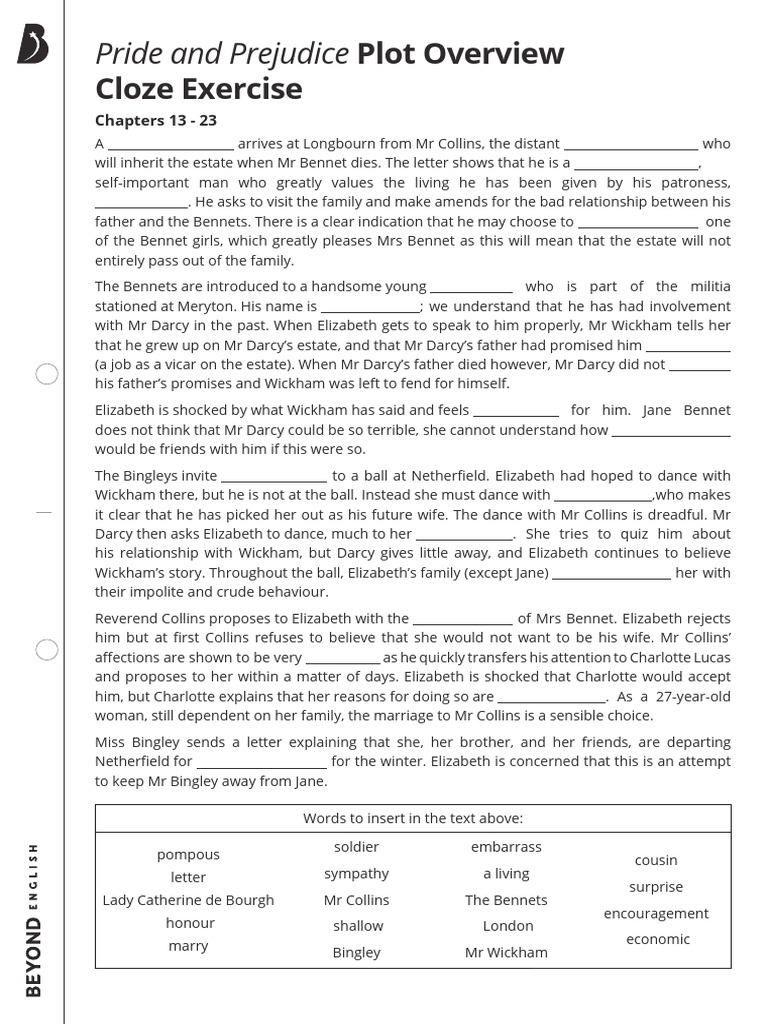 Cloze Exercise Chapters 13-23 | PDF | Mr. Darcy | Pride And Prejudice