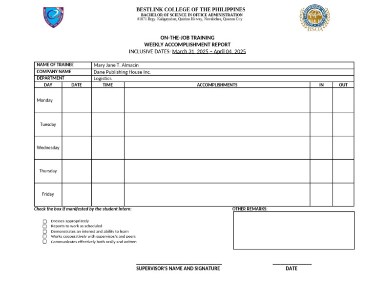 BSOA-OJT-WEEKLY-ACCOMPLISHMENT-REPORT | PDF