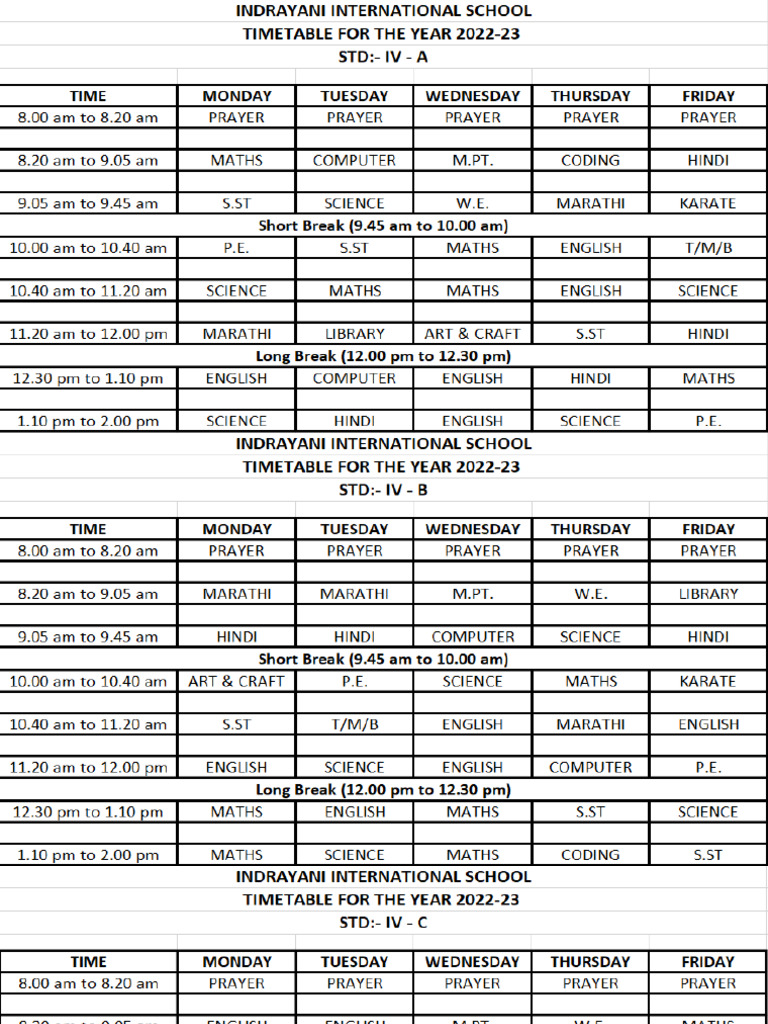 IV STD Timetable | PDF